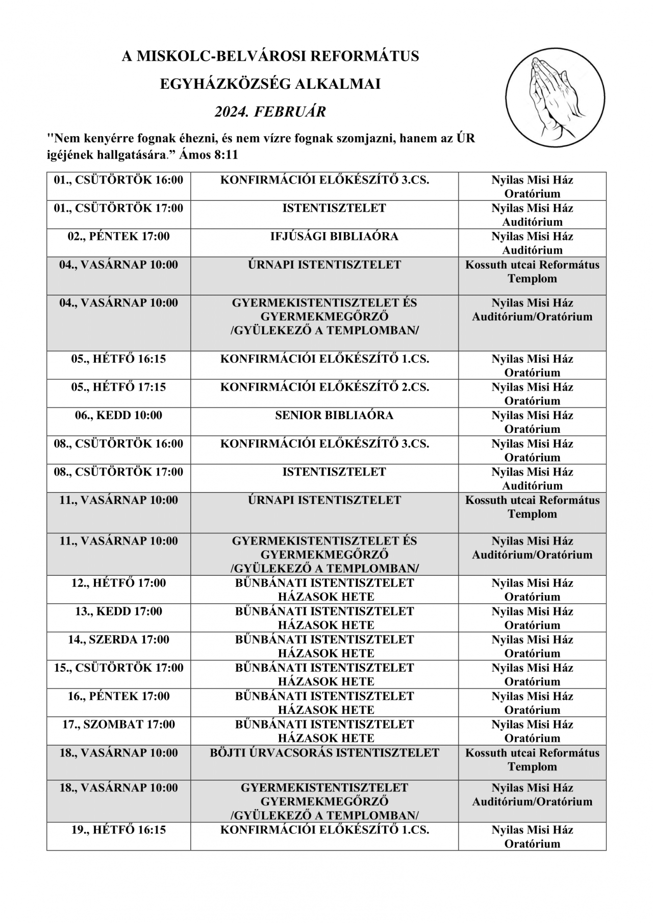 Februári programok – Miskolc-Belvárosi Református Egyházközség