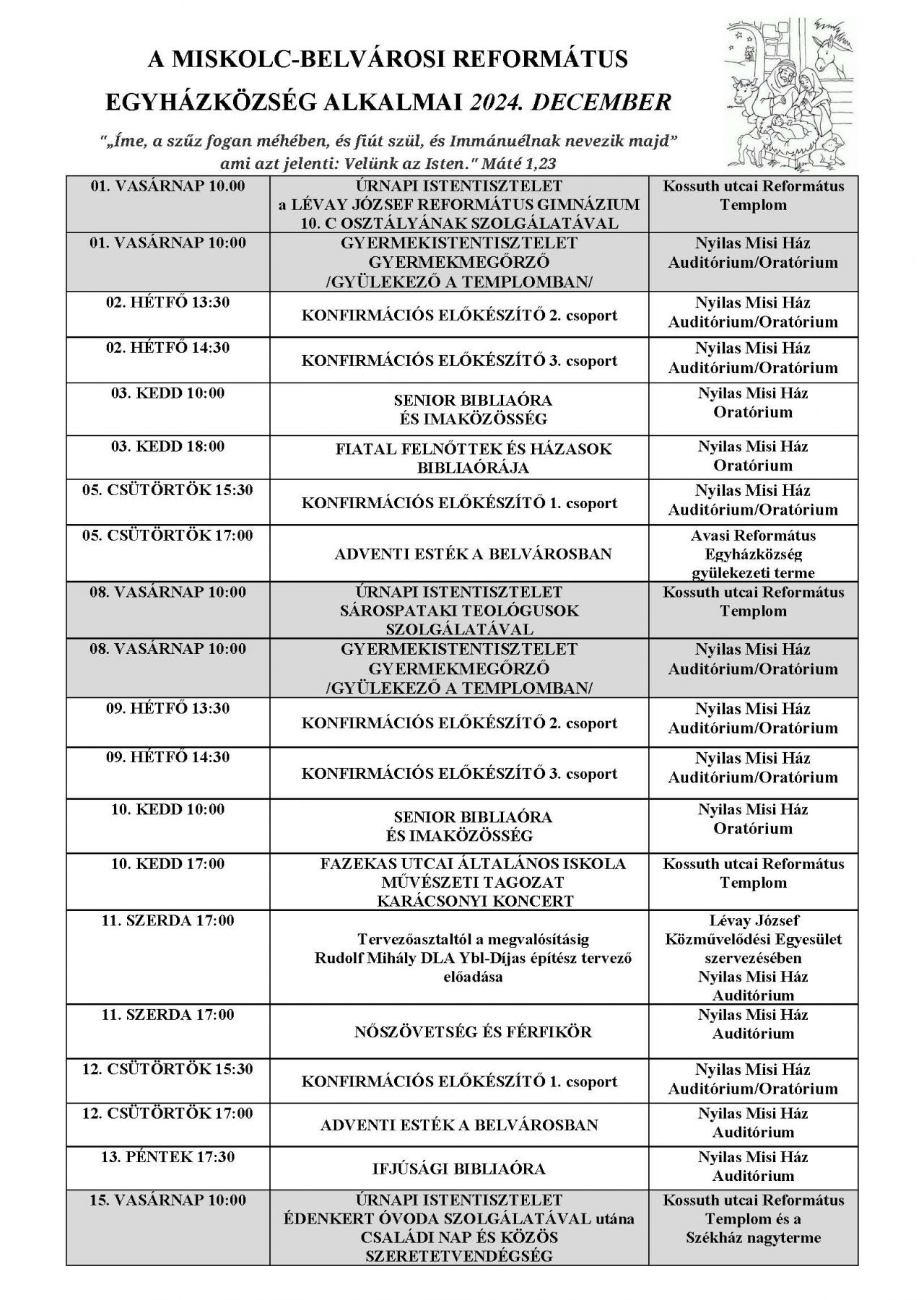 Decemberi programok – Miskolc-Belvárosi Református Egyházközség